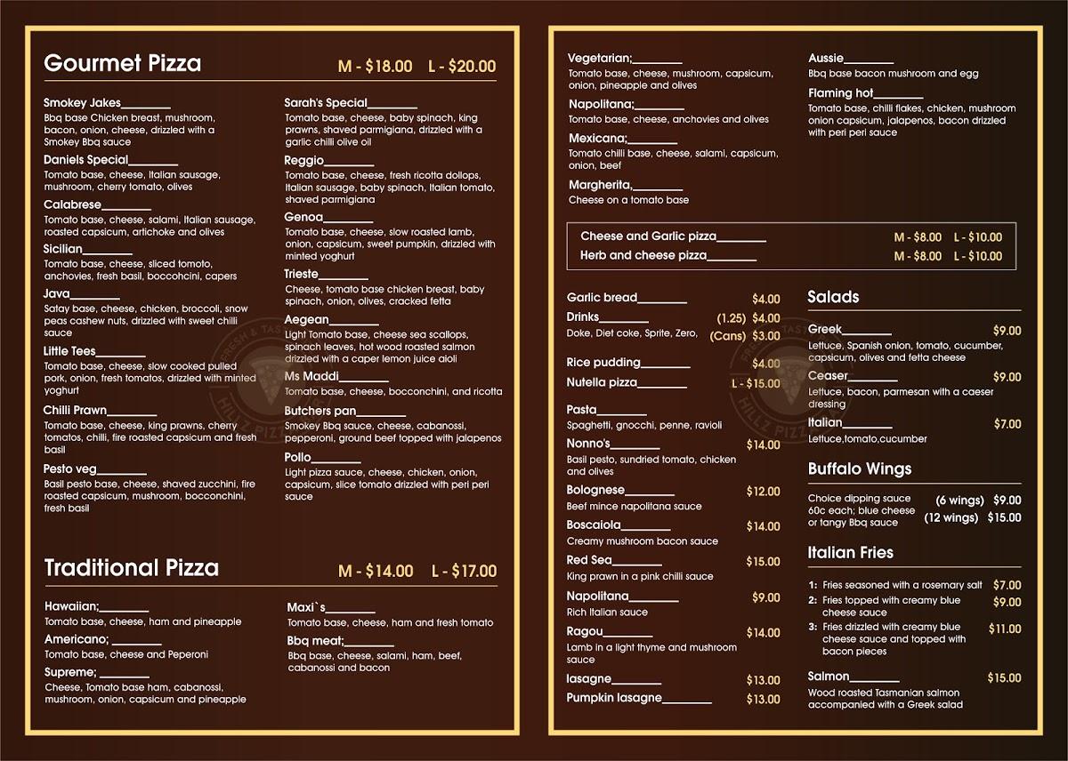 Menu at Hillz Pizza Bar, Seven Hills