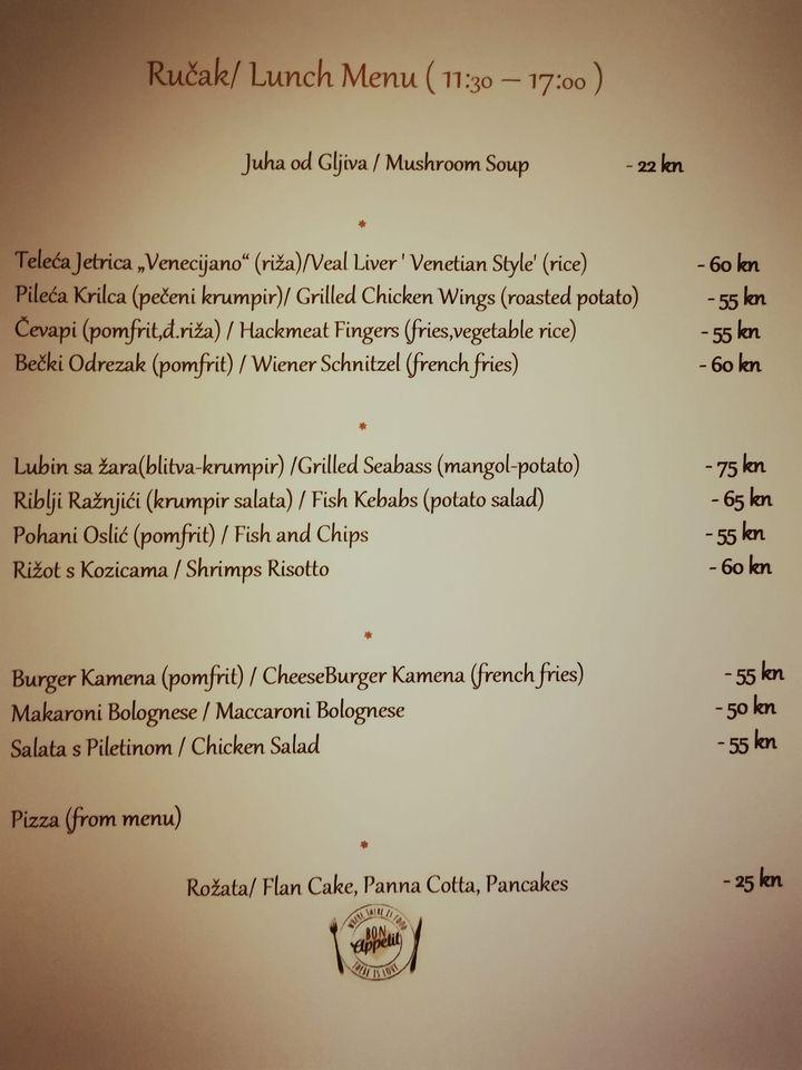 Menu at Kamena restaurant, Tučepi
