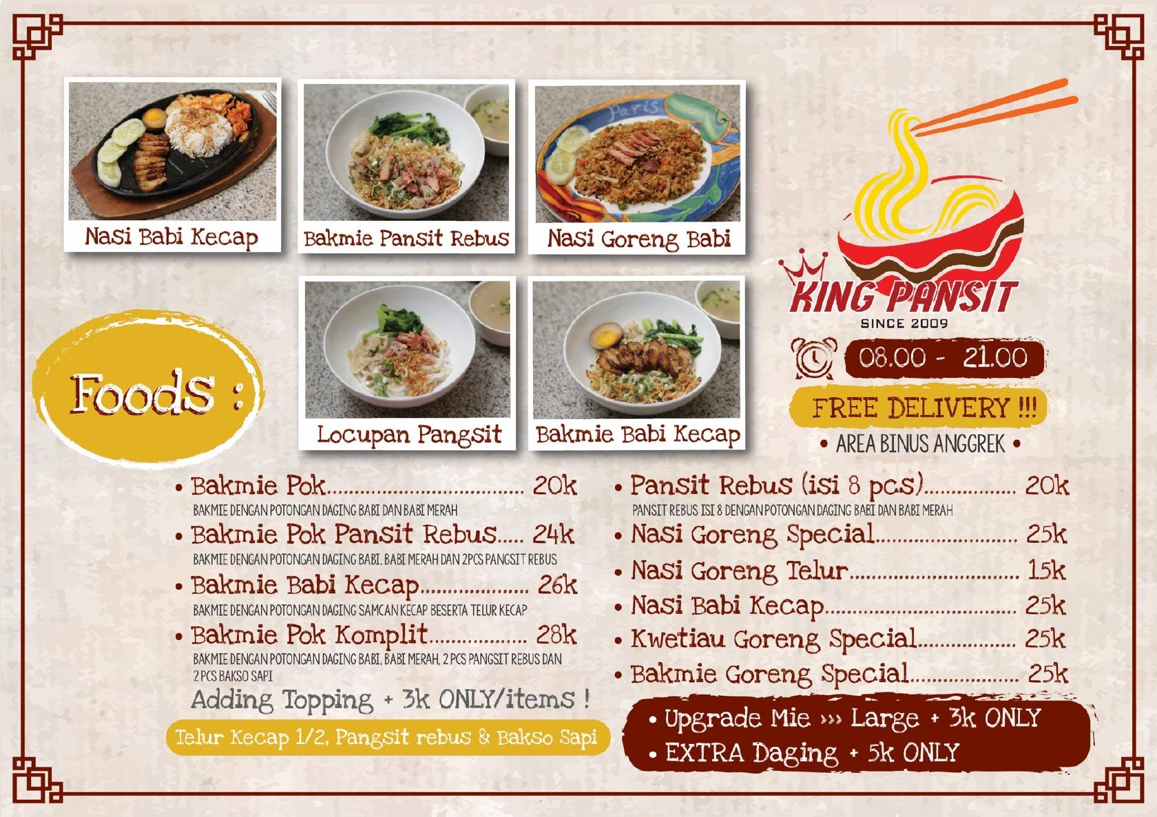 Menu at King Pangsit restaurant, West Jakarta, Jalan U raya Blok U no 2