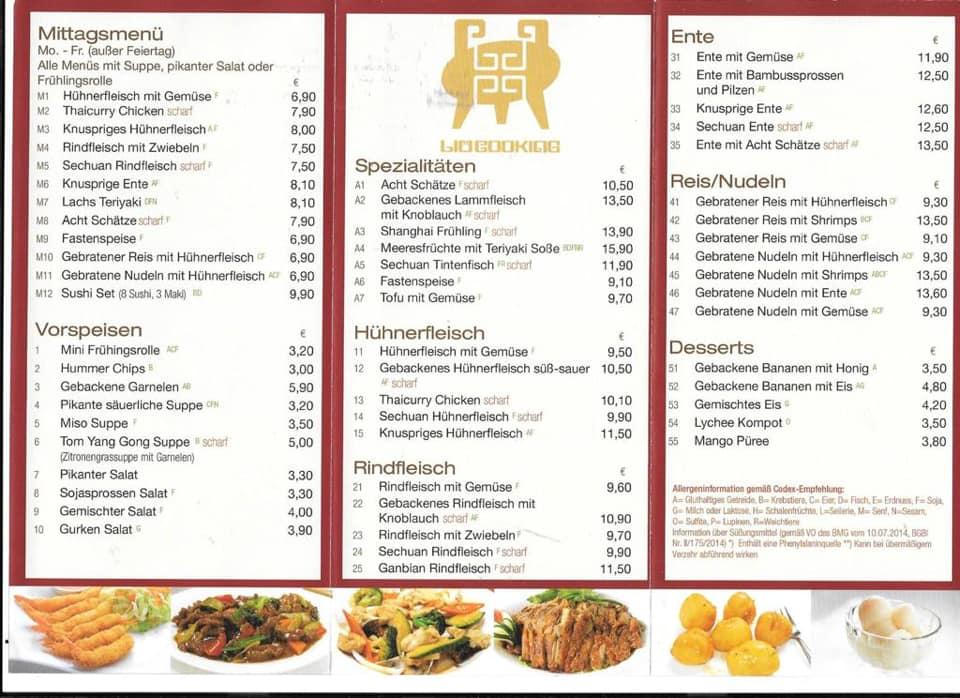 Menu at Liu Cooking restaurant, Oberndorf bei Salzburg