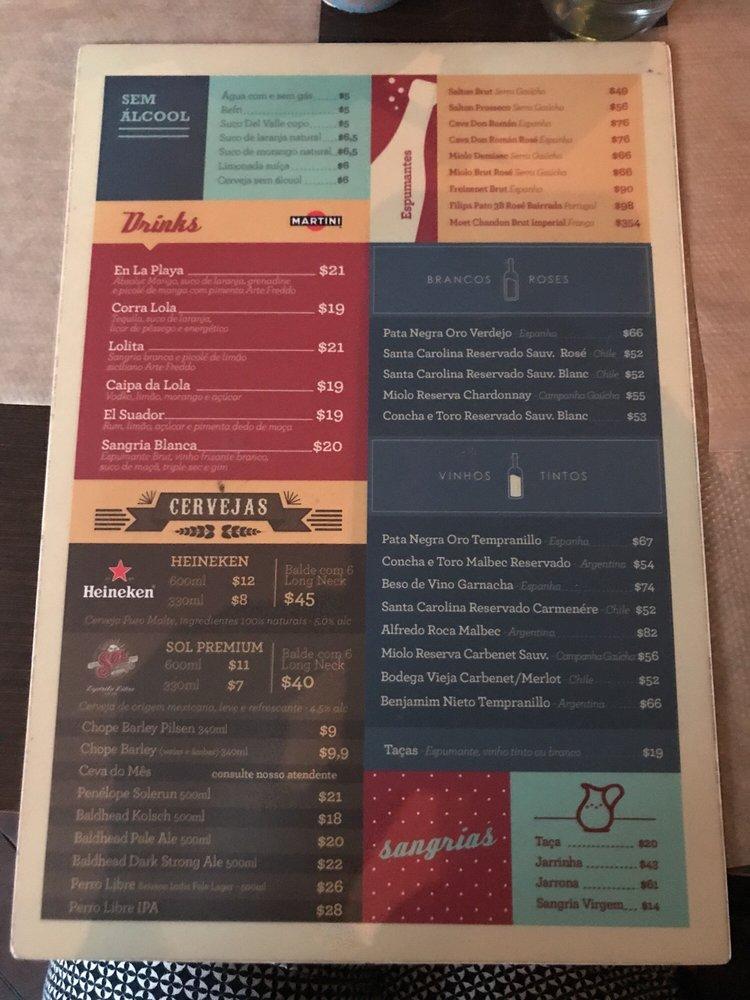 Menu at Lola pub & bar, Porto Alegre
