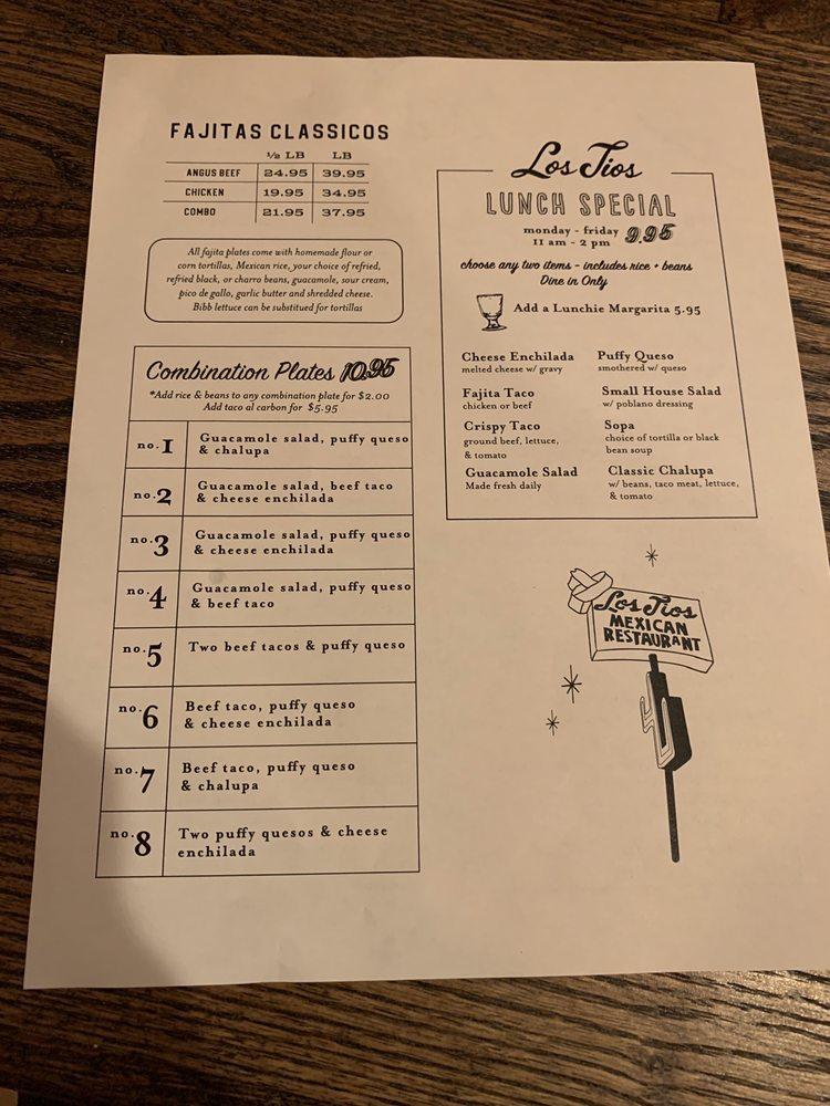Menu at Los Tios restaurant, Sugar Land, Hwy 6