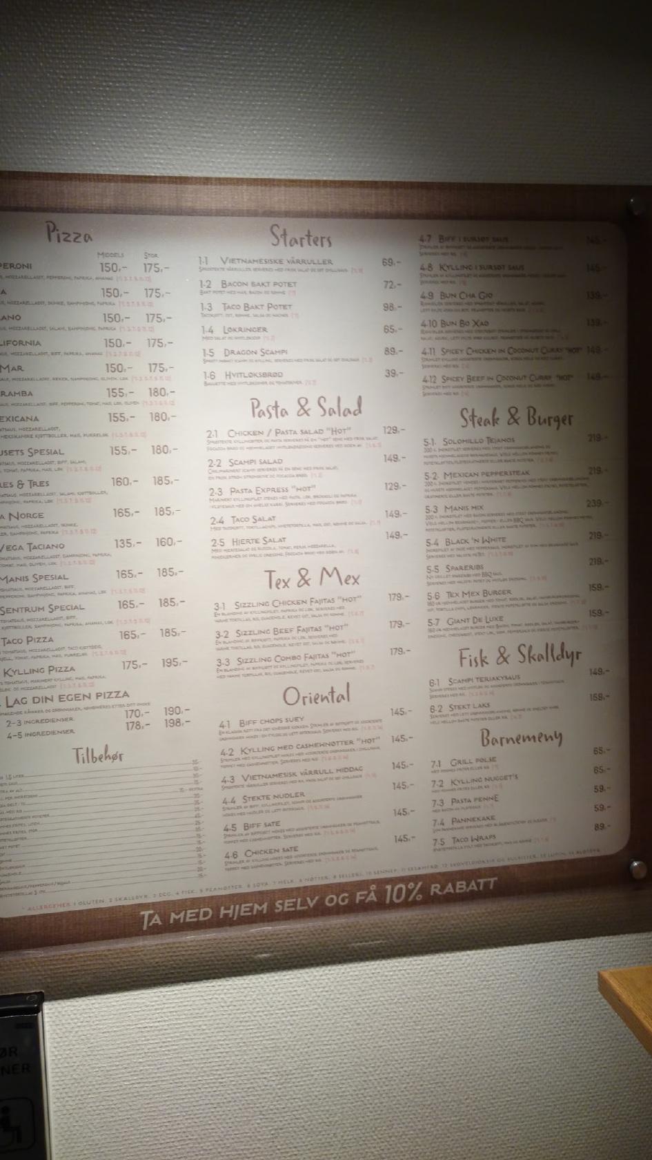 Menu at Manis Mat og Bar, Kongsvinger