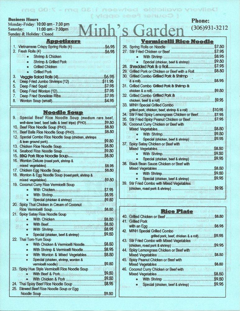 Menu at Minh's Garden restaurant, Saskatoon