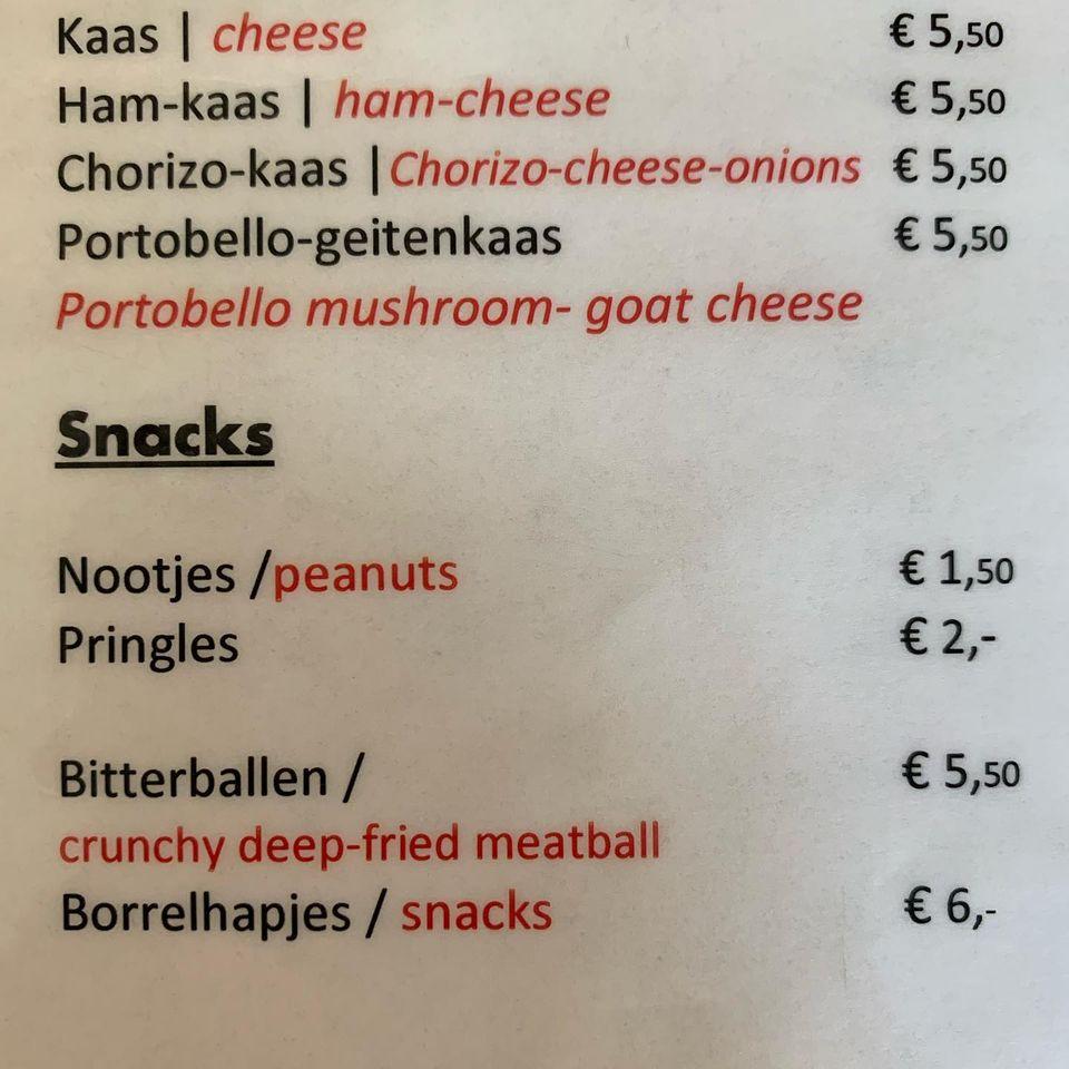 Menu at Our Corner Cafe Bar, Amsterdam