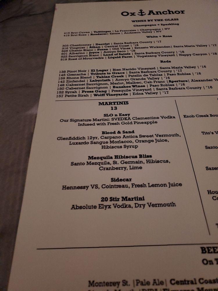 Menu at Ox and Anchor steakhouse, San Luis Obispo