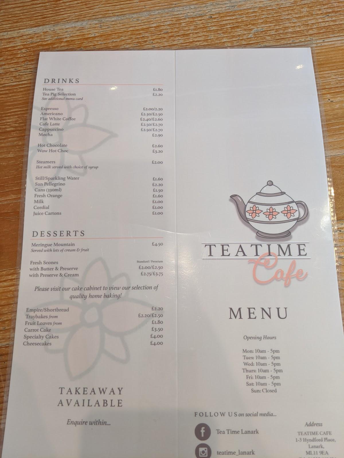 Menu at Tea Time cafe, Lanark, 1-3 Hyndford Pl