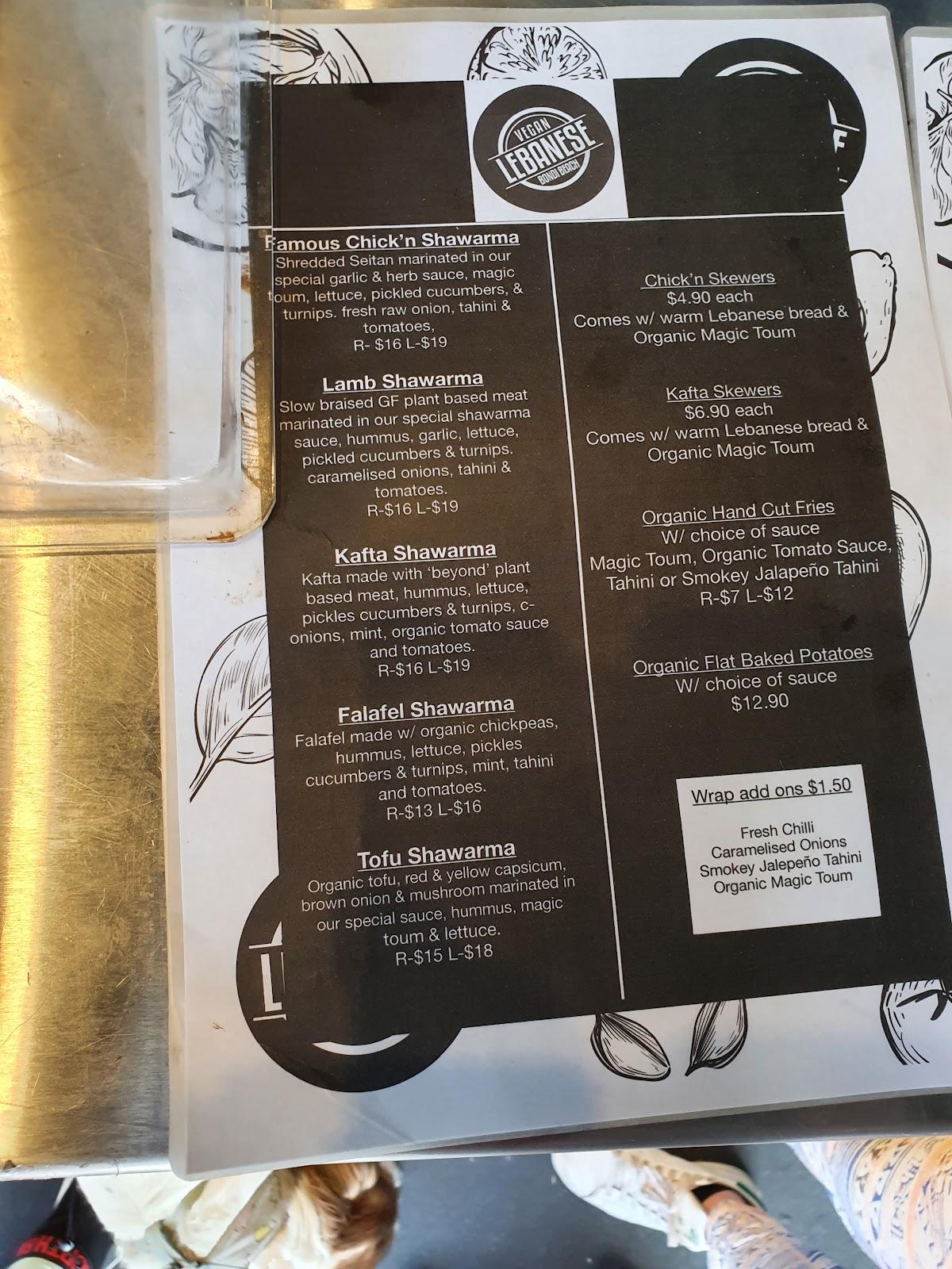 Menu at Vegan Lebanese bondi restaurant, Bondi, 42 Hall St