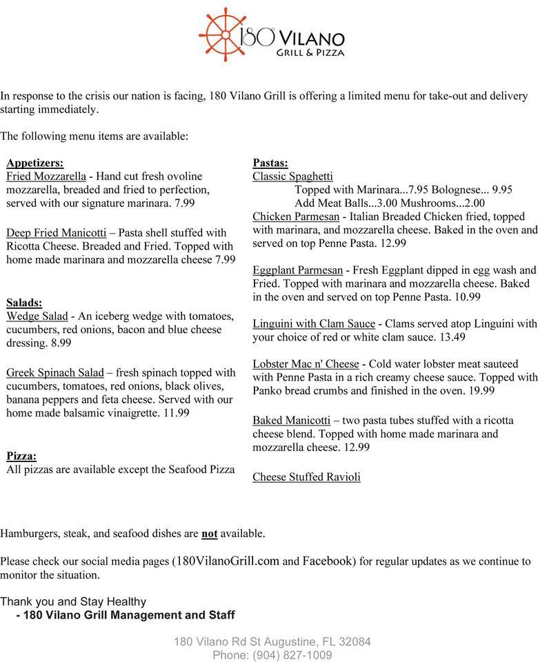 Menu at Vilano Grill 180 pizzeria, St. Augustine