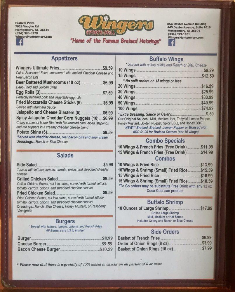 Menu at Wingers Sports Bar& Grill (Festival Plaza), Montgomery, Vaughn Rd