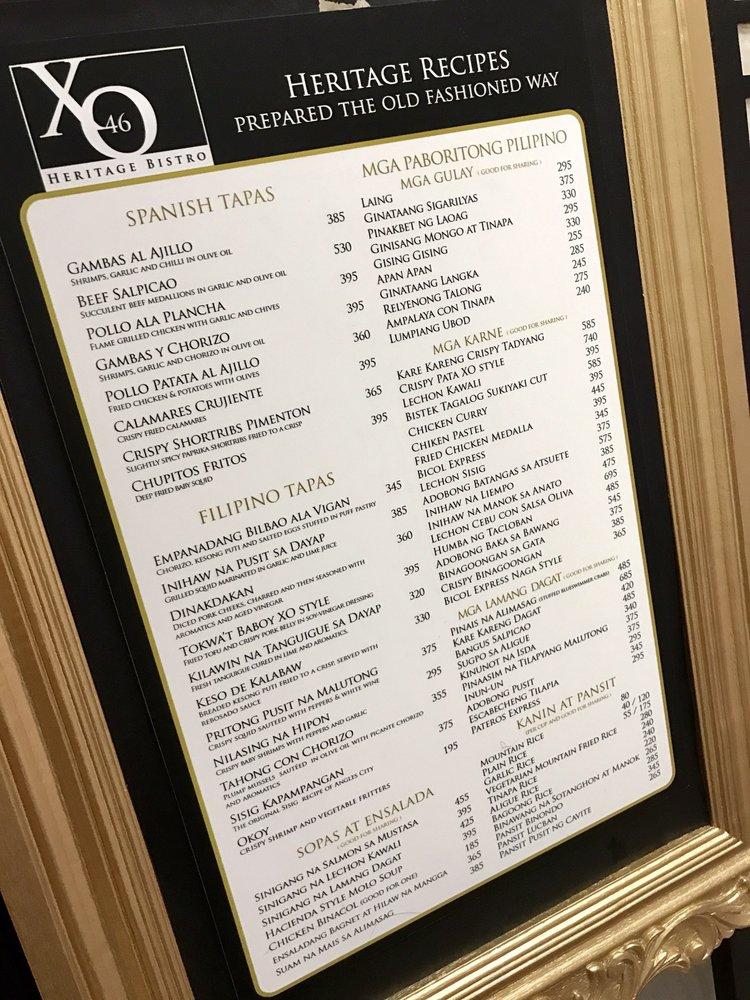 Menu at XO46 restaurant, Taguig