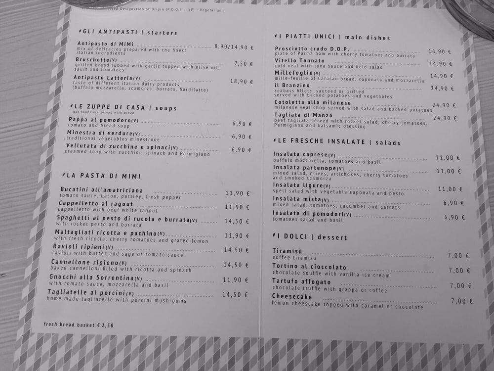 Menu at Mimi Latteria Milanese, Amsterdam