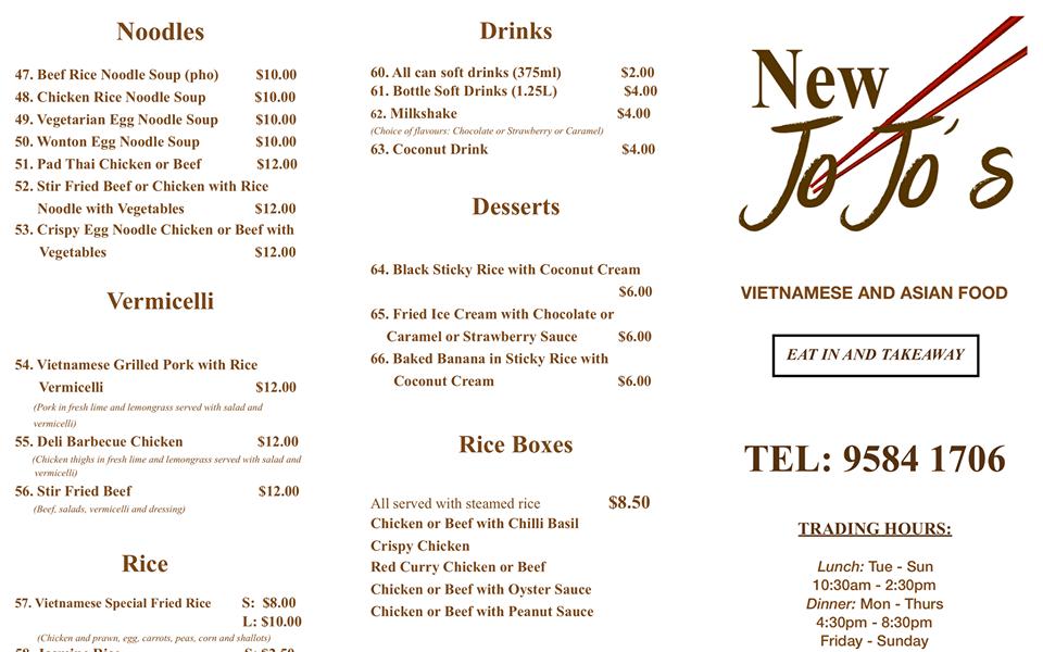 Menu at New JoJo’s restaurant, Peakhurst