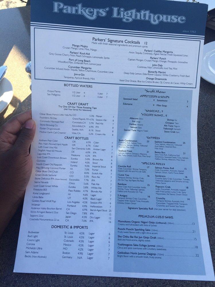 Menu at Parkers' Lighthouse pub & bar, Long Beach