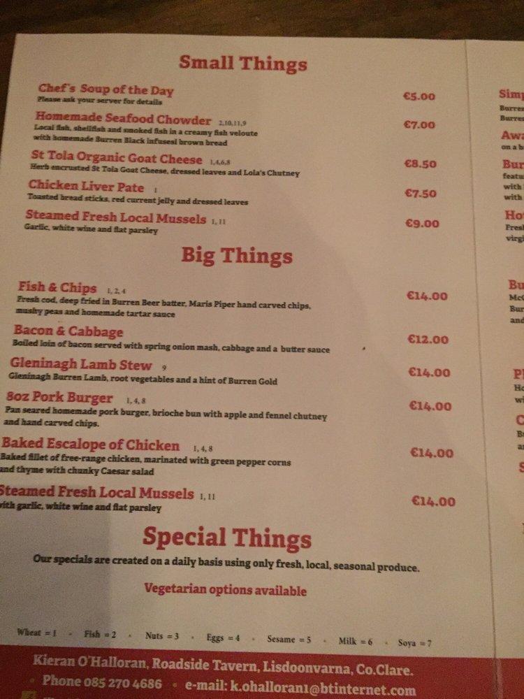 Menu at Roadside Tavern pub & bar, Lisdoonvarna, Kincora Road