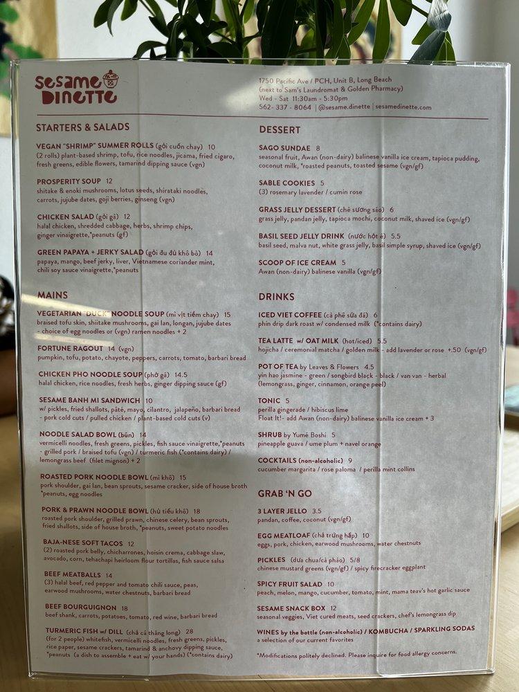 Menu at Sesame Dinette cafe, Long Beach