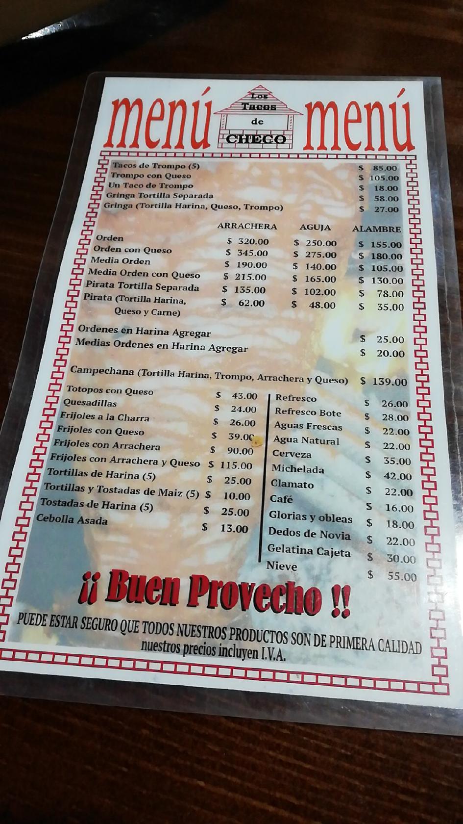 Carta del restaurante Tacos Checo, Saltillo