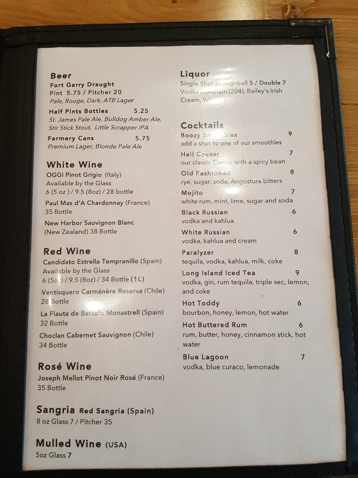 Menu at Across the Board Game Café, Winnipeg