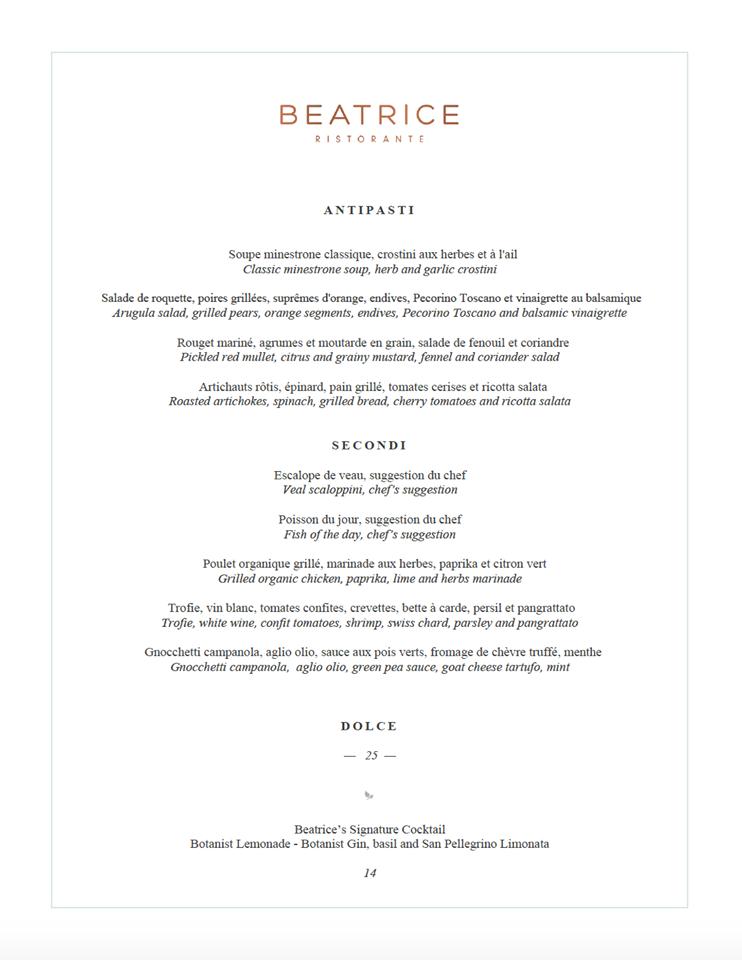 Menu at Beatrice restaurant, Montreal