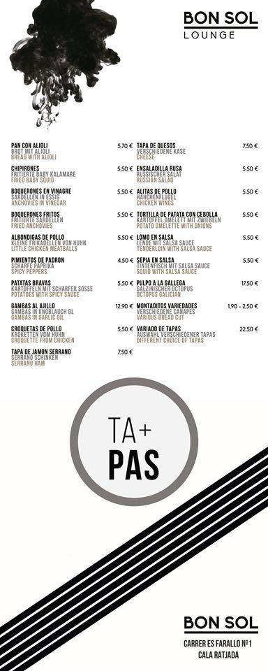 Carta del restaurante Bon Sol, Cala Rajada, Avinguda Cala Agulla