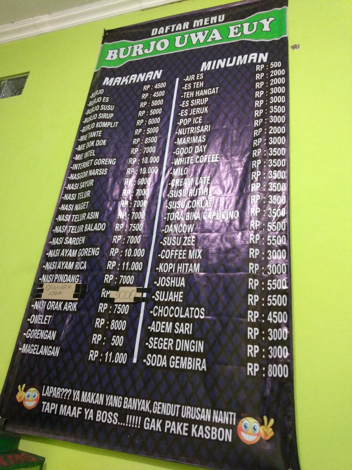 Carta del restaurante Burjo Uwa Euy Salatiga, Salatiga