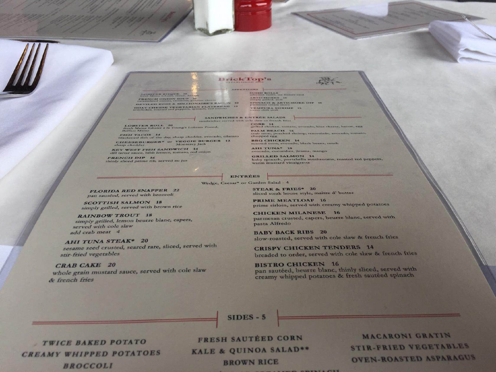 Menu at BrickTop's restaurant, Franklin, W McEwen Dr