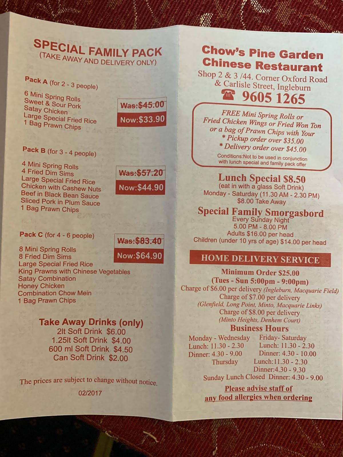 Menu at Chow's Pine Garden Restaurant, Ingleburn