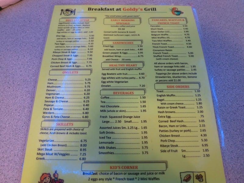 Menu at Goldy's Grill cafe, Park Ridge