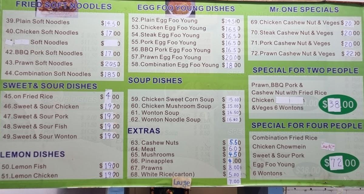 Menu at Mr One fast food, Auckland