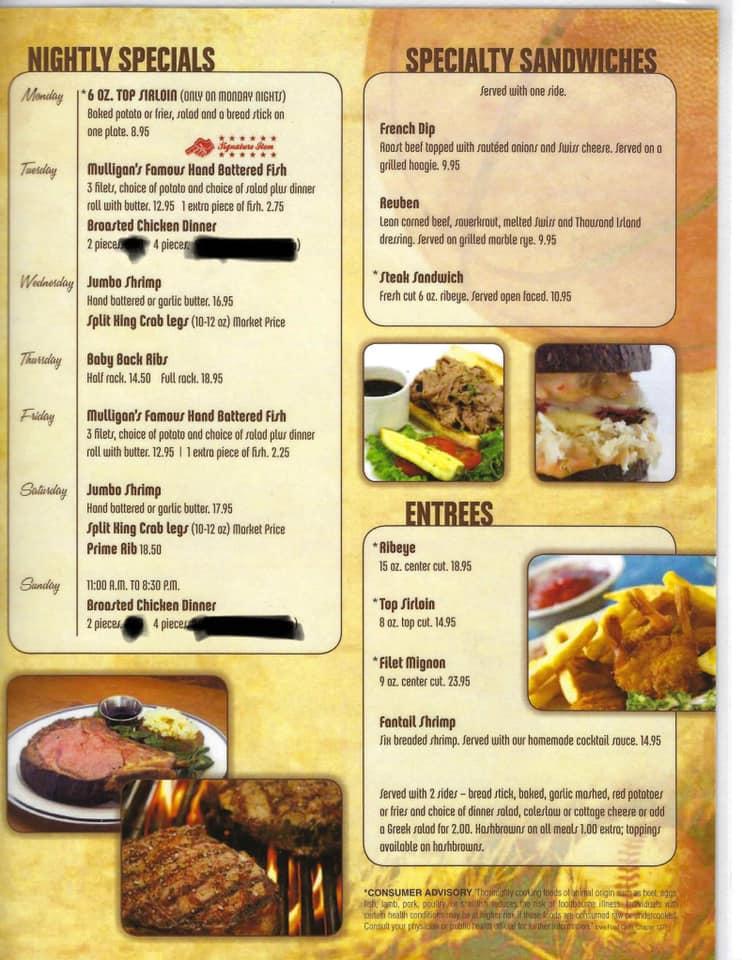 Menu at Mulligan's Bar & Grill, Mason City