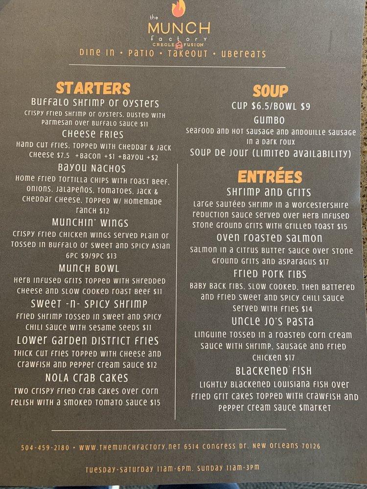 Menu at The Munch Factory restaurant, New Orleans, Congress Dr