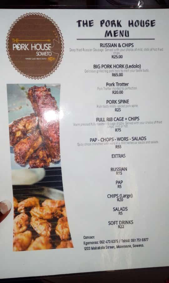 Menu at The Pork House restaurant, Soweto