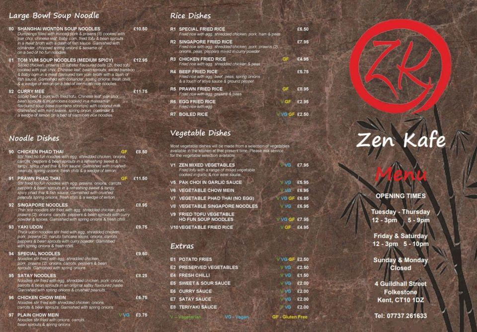 Menu at Zen Kafe restaurant, Folkestone