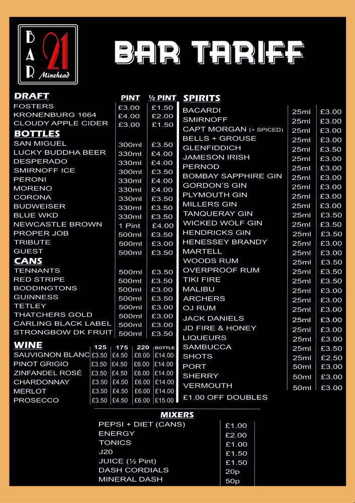 Menu at Cafe Bar 21, Minehead