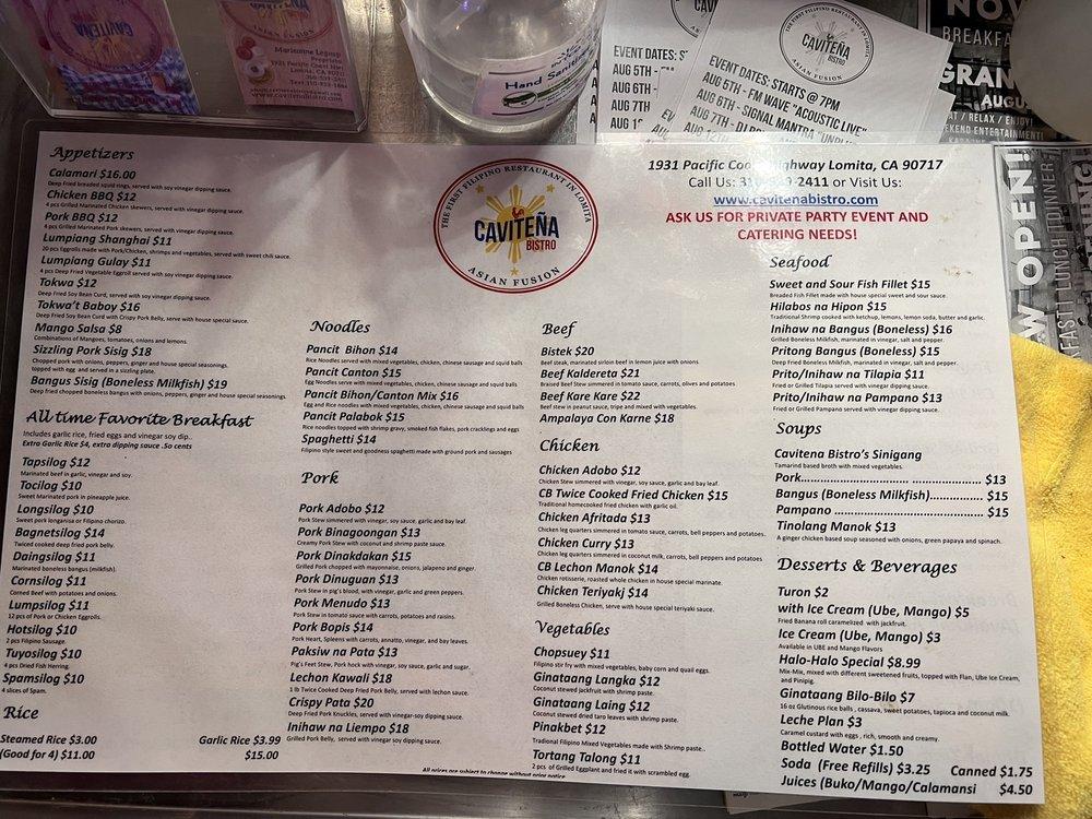 Menu at Cavitena Bistro Filipino Restaurant, Lomita