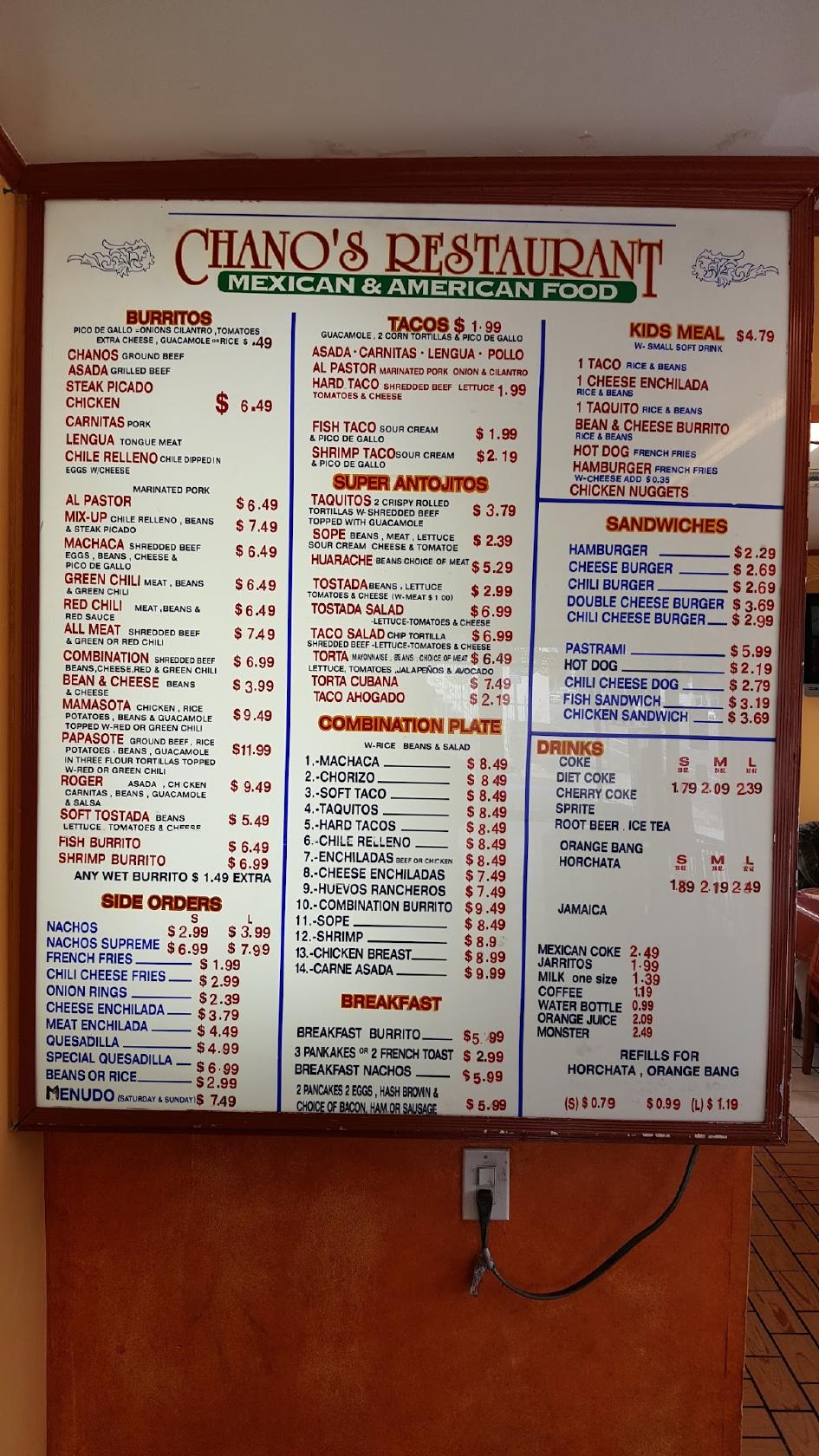 Menu at Chanos Drive-In restaurant, San Gabriel