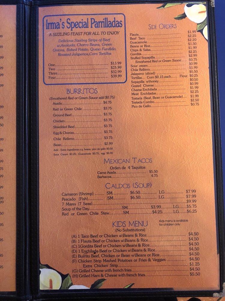Menu at Irma's Restaurant, Deming