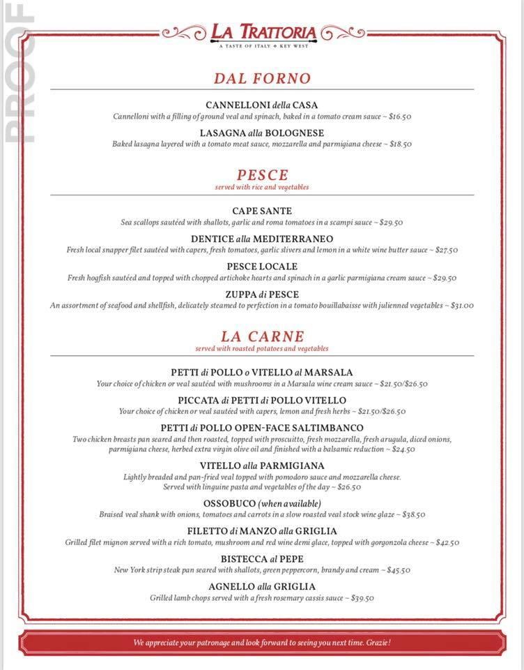 Menu at La Trattoria pub & bar, Key West, 524 Duval St