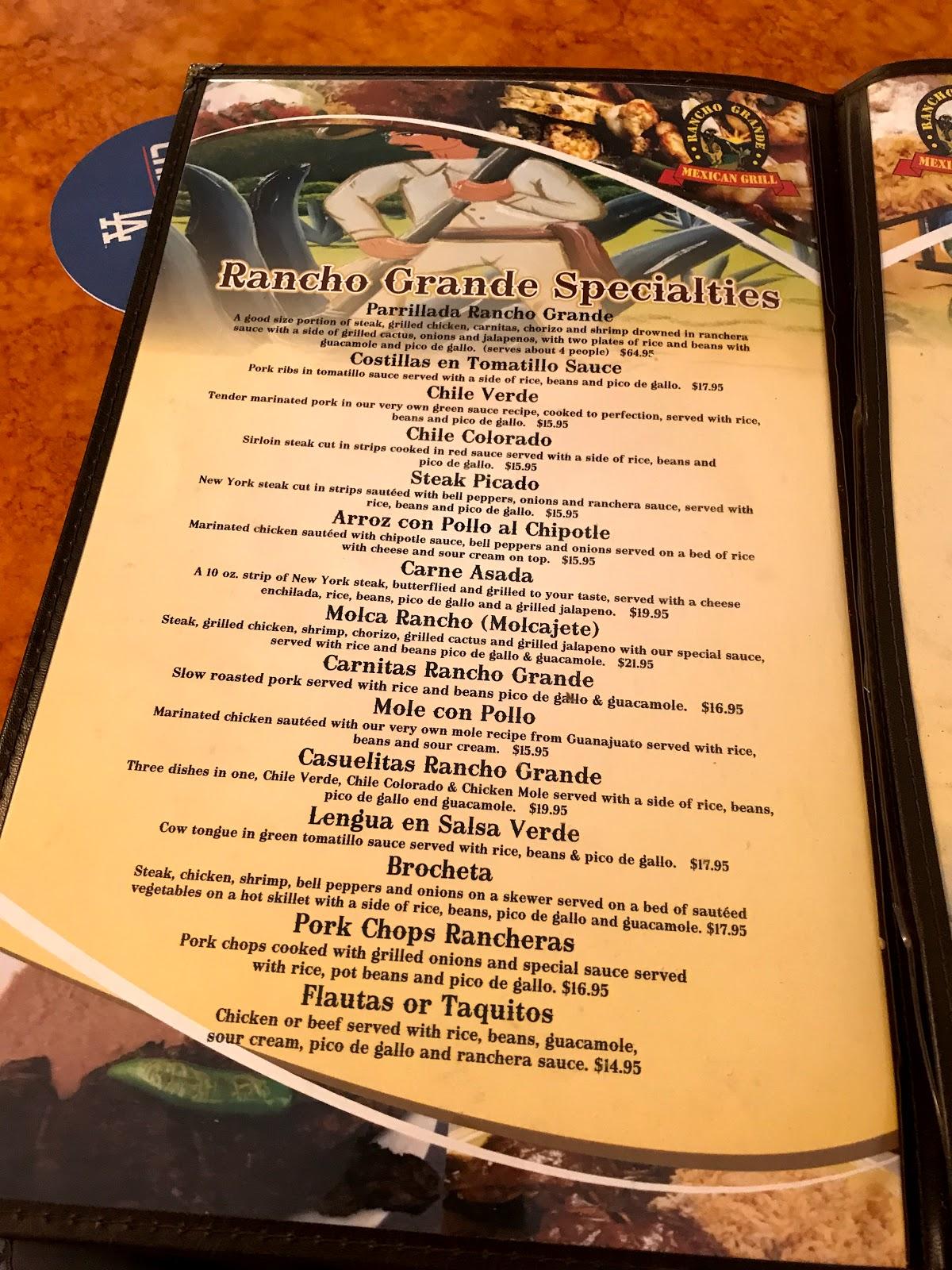 Menu at Rancho Grande restaurant, Bakersfield, Coffee Rd