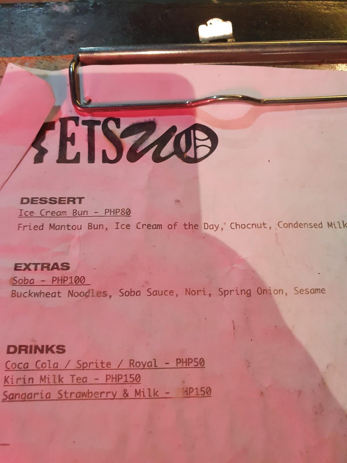 Menu at TETSUO restaurant, Quezon City