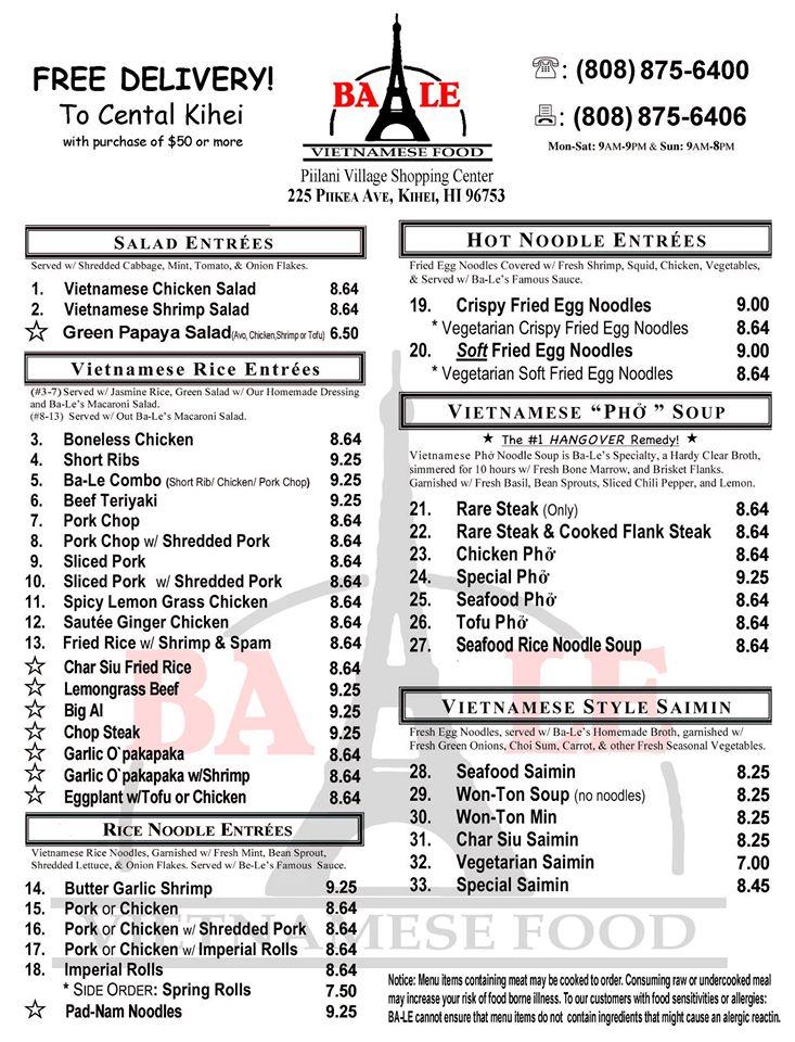 Menu at Bale restaurant, Kihei