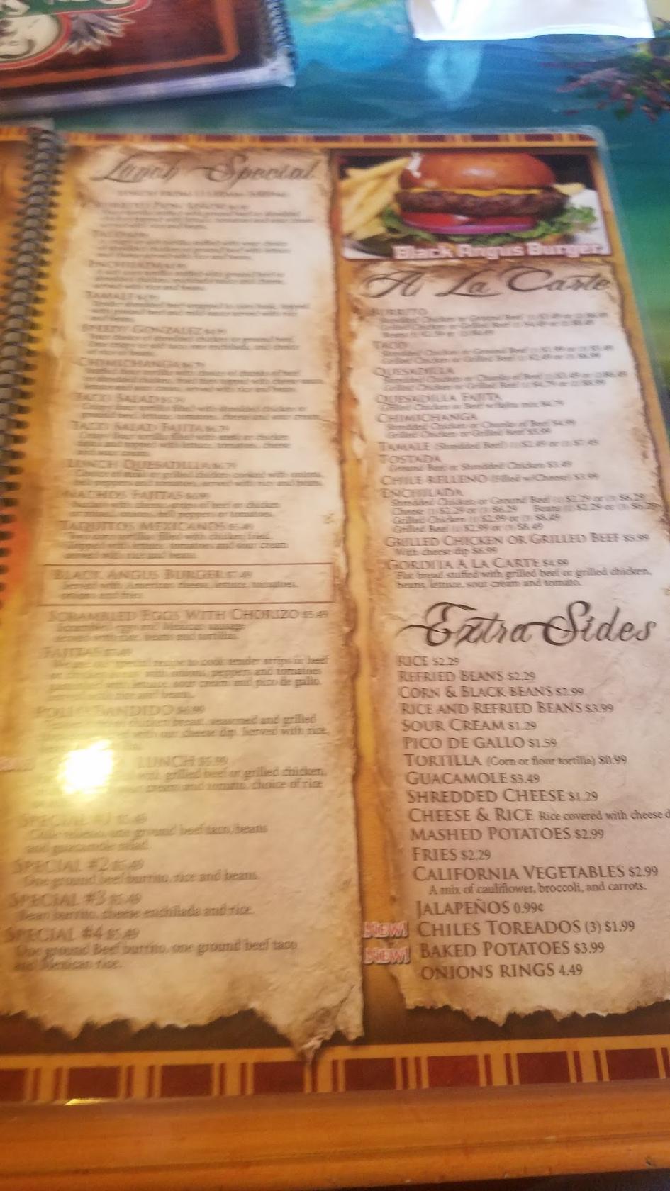 Carta del restaurante Don Senor, Cynthiana