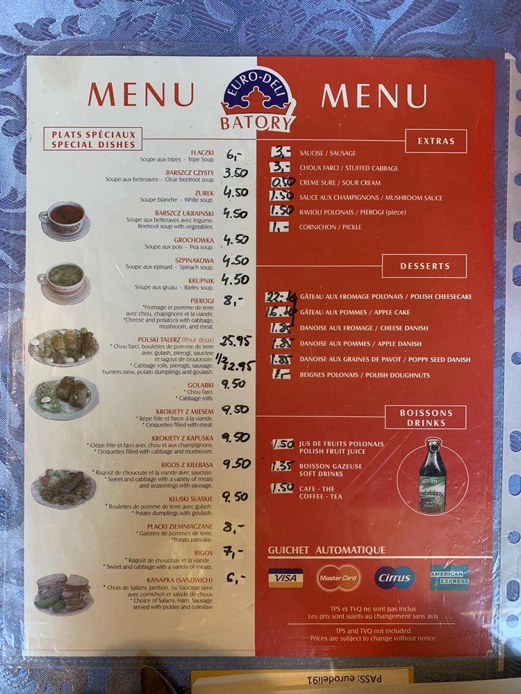 Menu at Euro-Deli Batory restaurant, Montréal, 115 Rue Saint-Viateur O