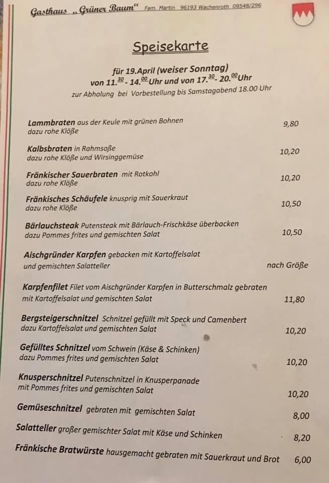 Speisekarte von Gasthaus Grüner Baum restaurant, Wachenroth