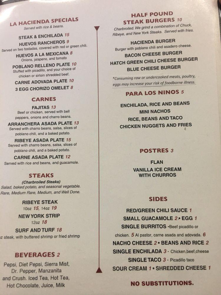 Menu at La Hacienda steakhouse, Moriarty, 5 Carl Cannon Ranch Rd