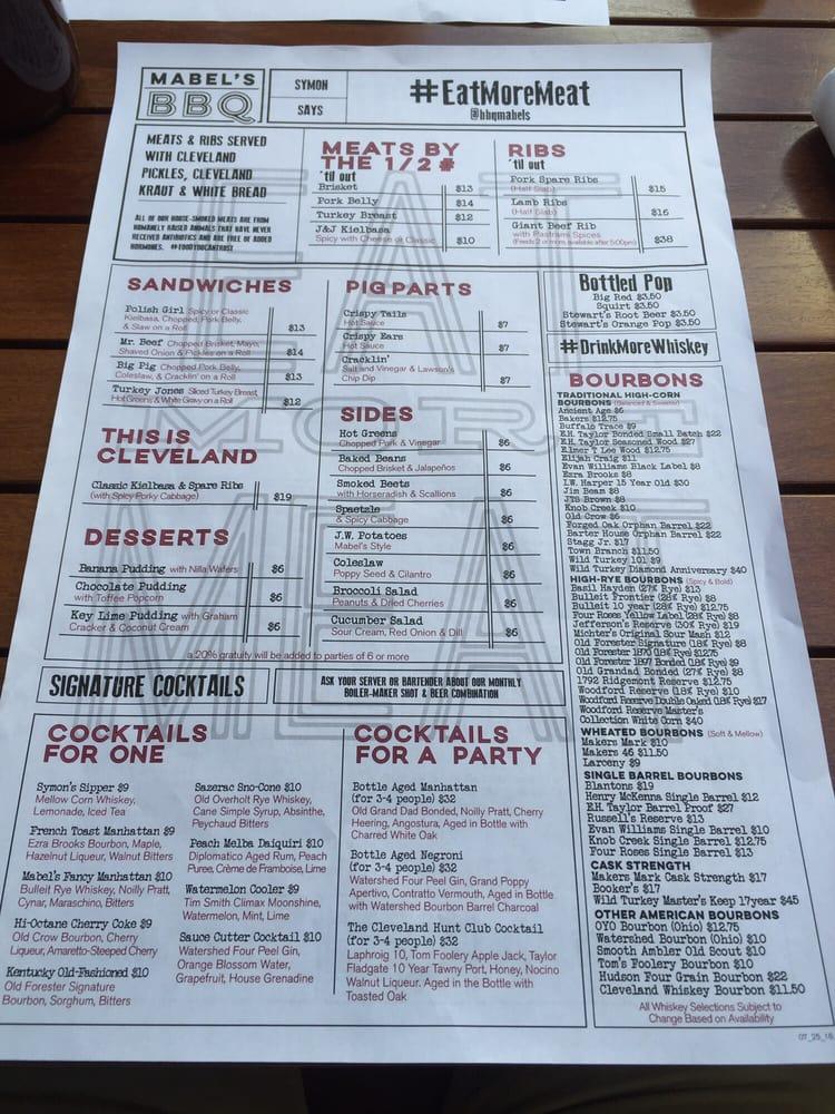 Menu at Mabel's BBQ, Cleveland