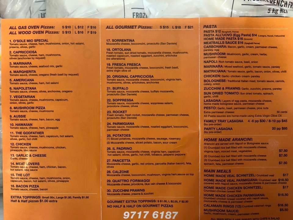 Menu at O'Sole Mio Pizza pizzeria, Doreen