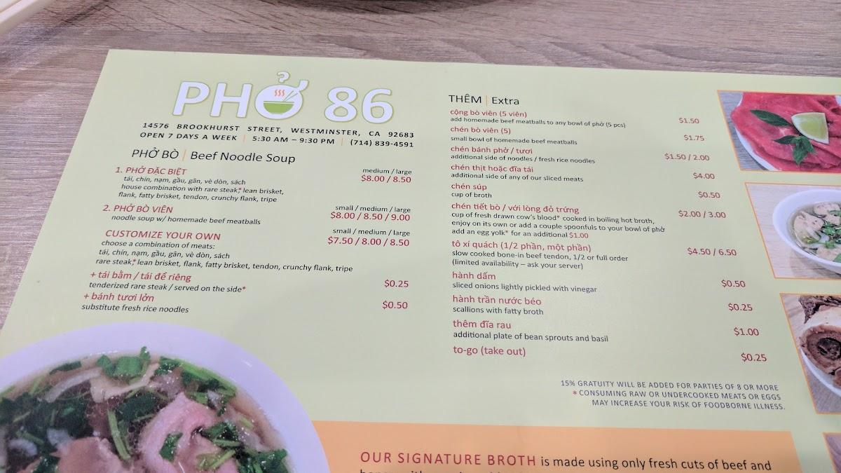 Menu at Phở 86 Restaurant, Westminster, Brookhurst St