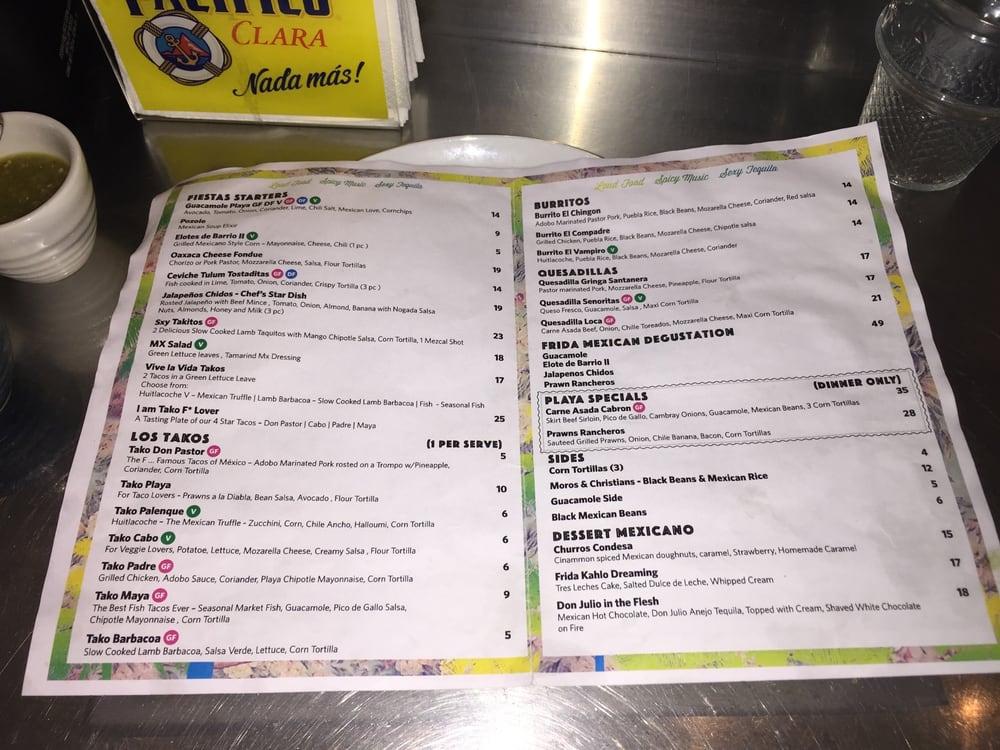 Menu at Playa Tulum, Darlinghurst