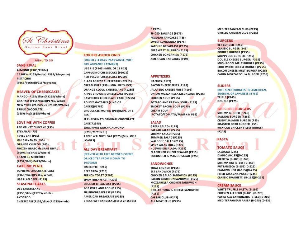 Menu at Si Christina Gateau Sans Rival restaurant, San Pablo City